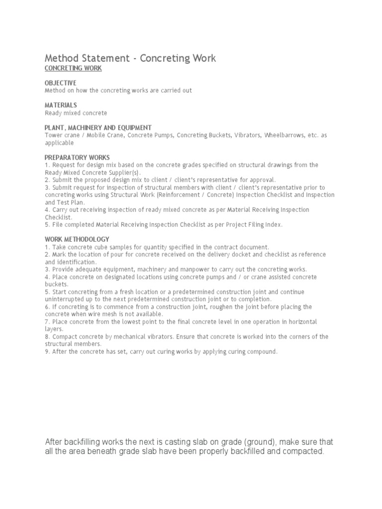 Method Statement - Concreting Work | Download Free PDF | Concrete ...