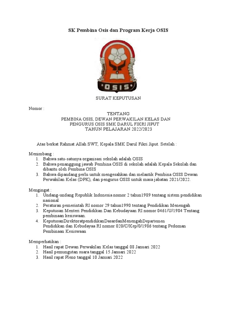 SK Pembina Osis Dan Program Kerja Osis PDF Free | PDF