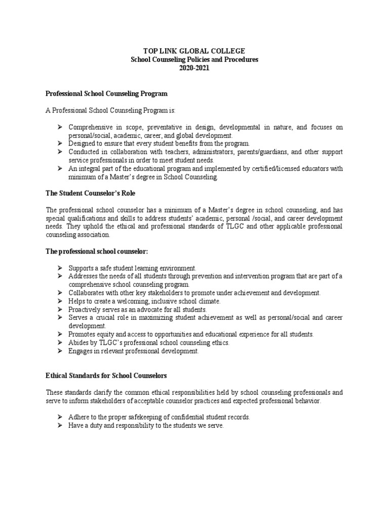School Counseling Policies and Procedures | PDF | School Counselor ...