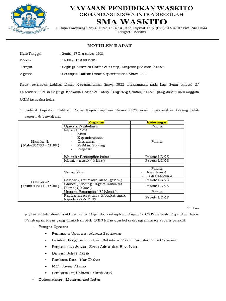 Notulen Rapat Persiapan LDKS Osis 2022 | PDF