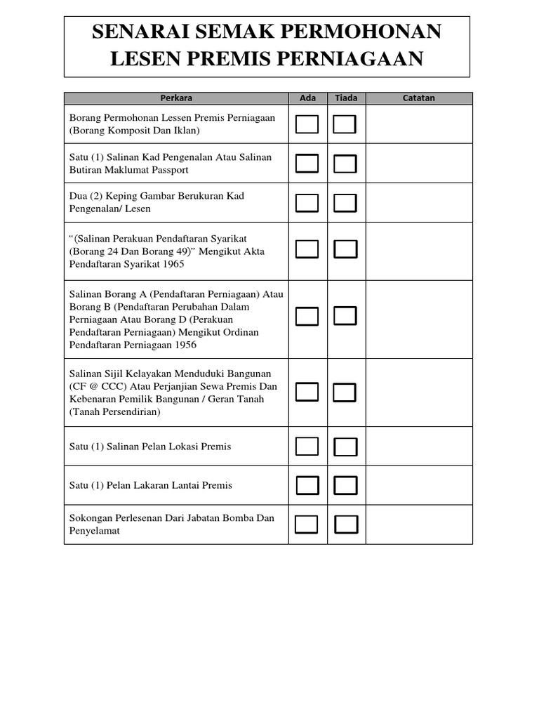 Senarai Semak Permohonan Lesen Premis Perniagaan | PDF