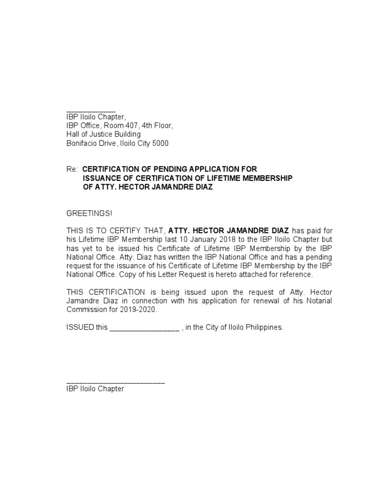 IBP Iloilo Chapter Lifetime Request Certification | PDF