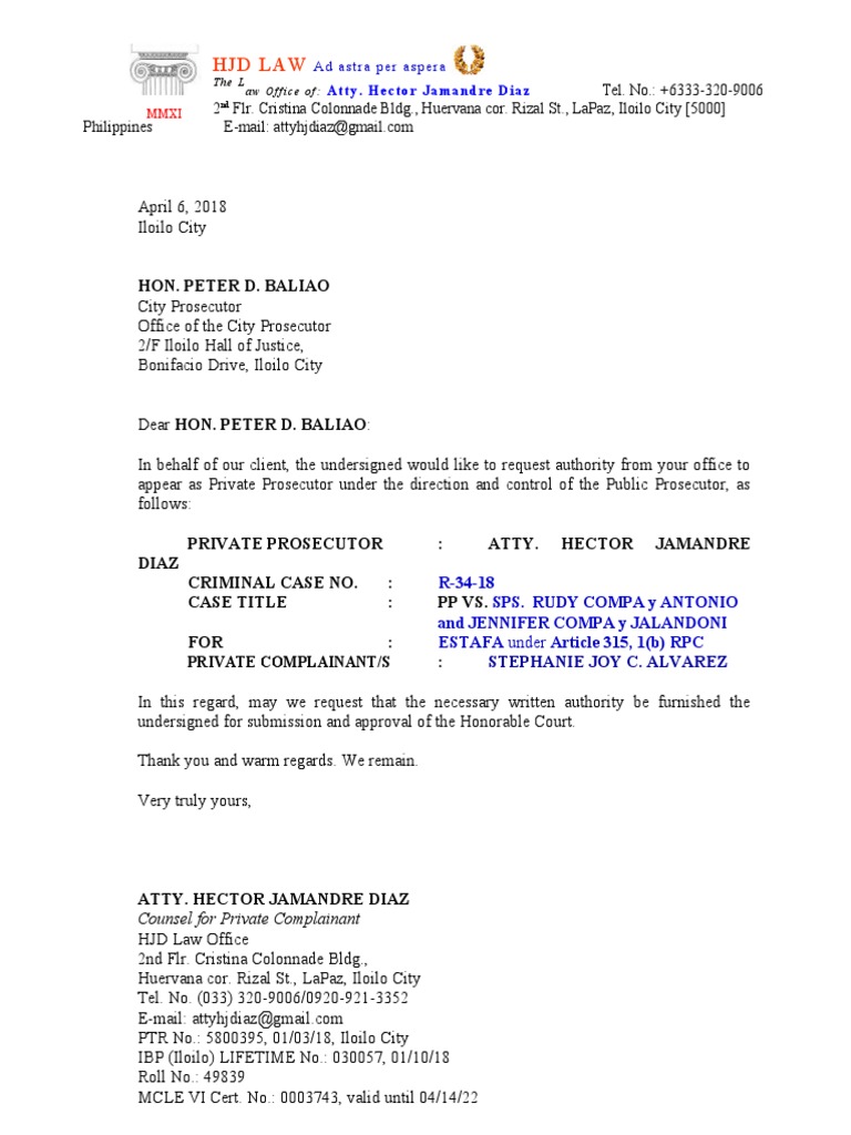 Authority To Prosecute (Cover Letter) 2017 - PP Vs Rudy COMPA | PDF