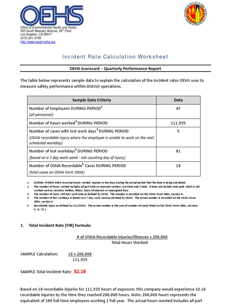 Incident Rate Calculation Worksheet: OEHS Scorecard - Quarterly ...