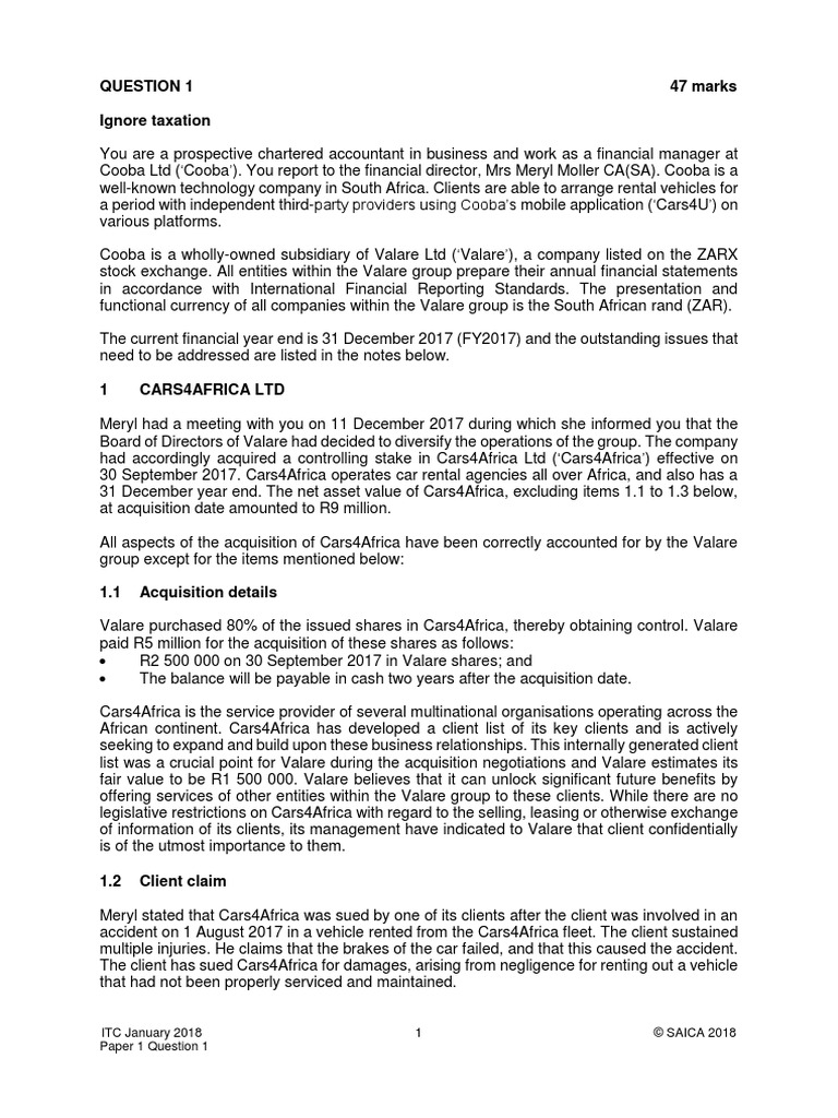 ITC January 2018 Paper 1 Question 1 Cars4U | PDF | Financial Statement ...