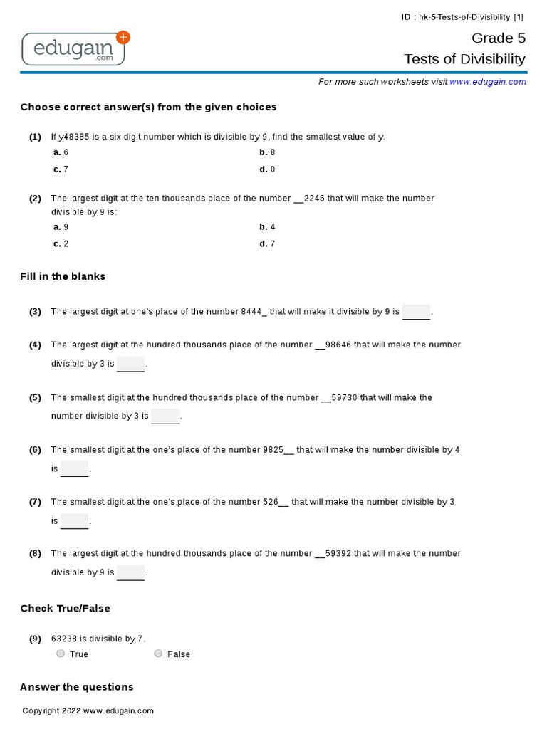 Grade 5 Tests of Divisibility: Choose Correct Answer(s) From The Given ...