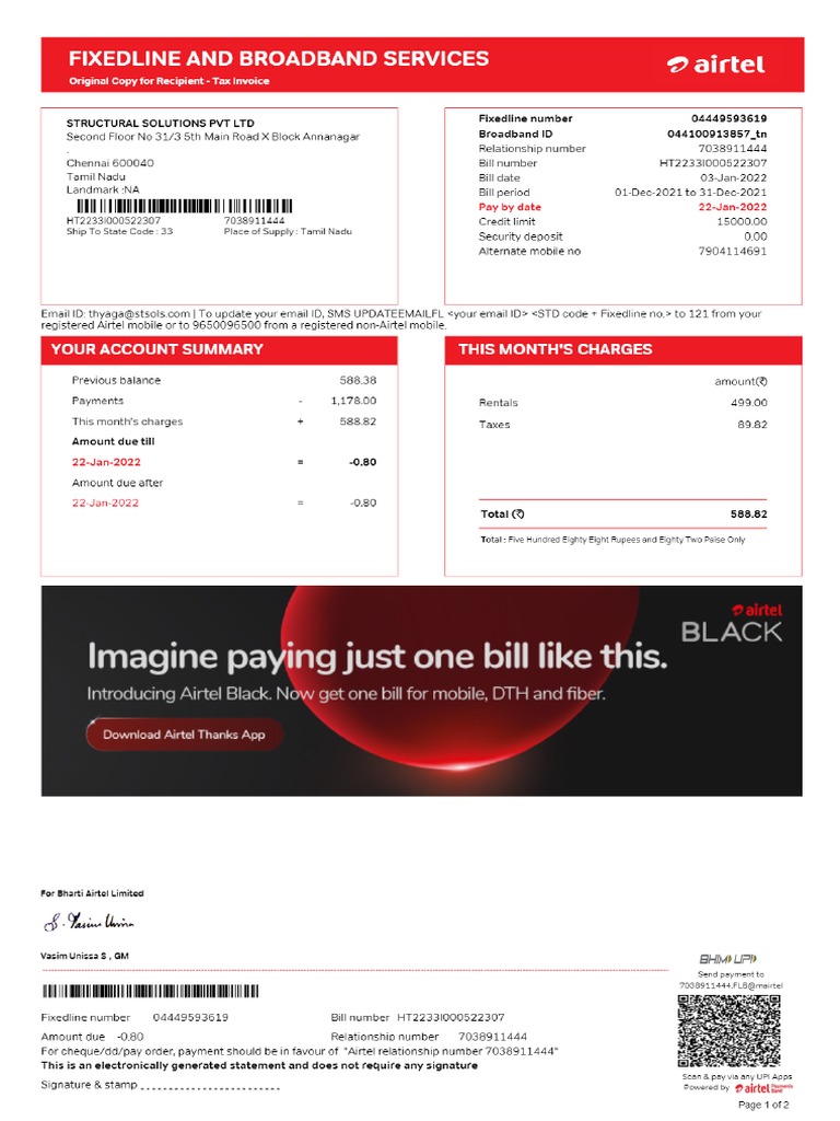 Airtel Broadband Bill Dec 2021 | PDF