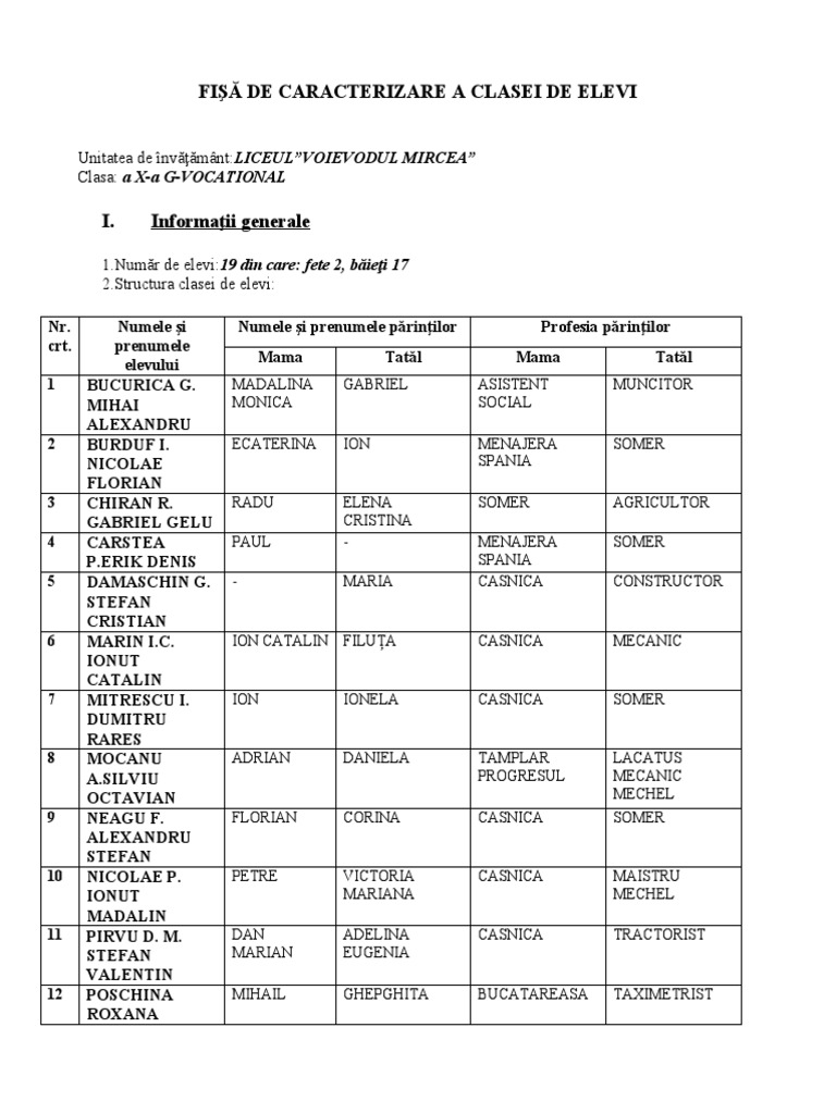Fisa Caracterizare A Clasei de Elevi 1 | PDF