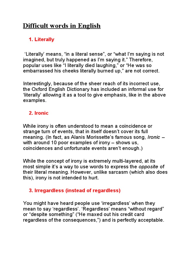 Difficult English words explained | PDF | Irony | Cognition