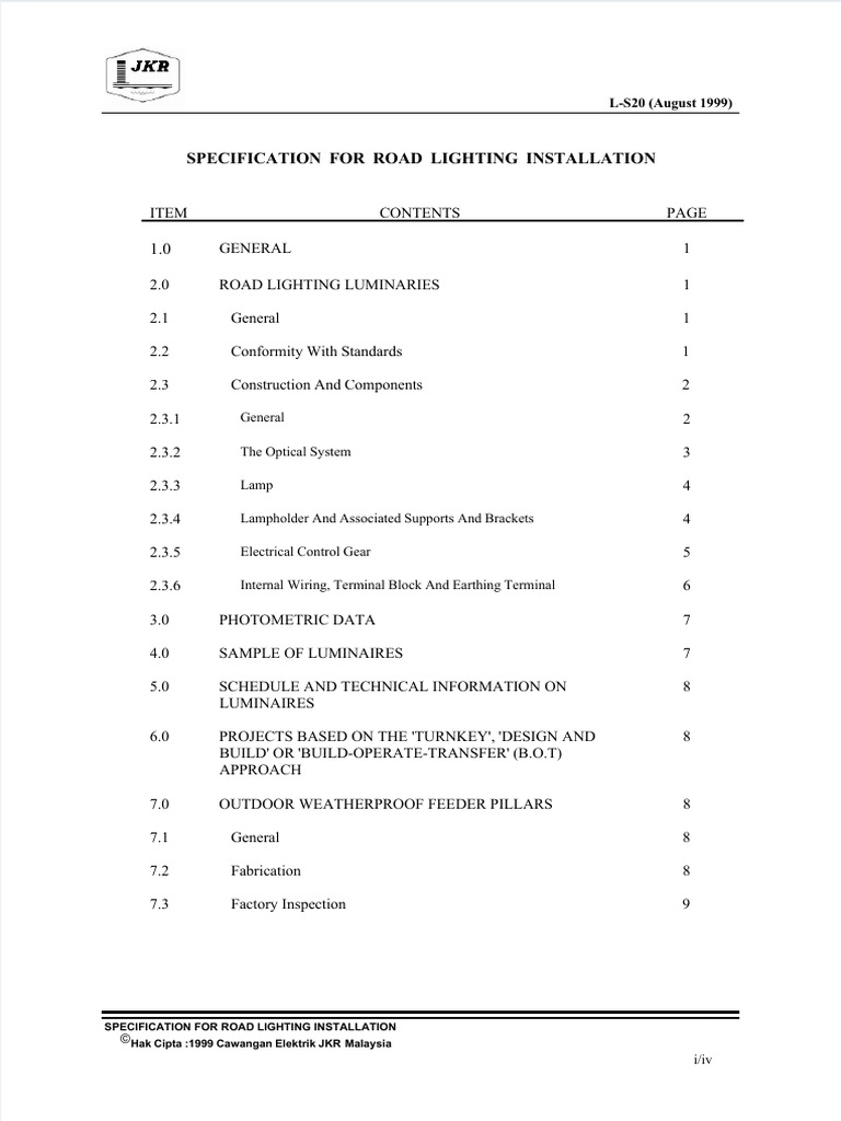 Specification For Road Lighting Installation: L-S20 (August 1999) | PDF ...