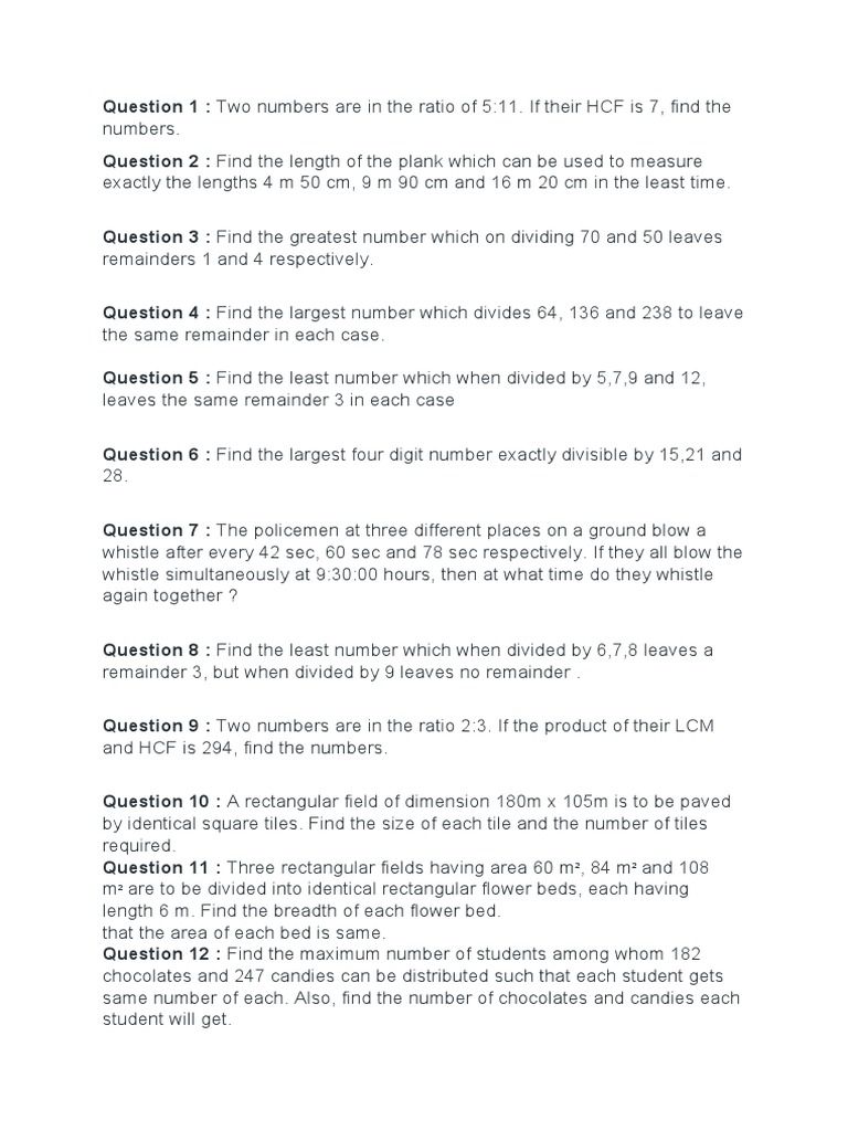 S1 LCM HCF Problem Sums | PDF | Numbers | Mathematics