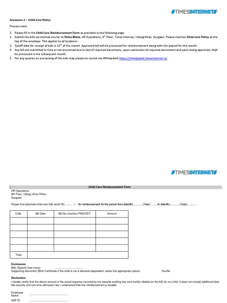 Child Care Policy - Guidelines&Claim Form | PDF