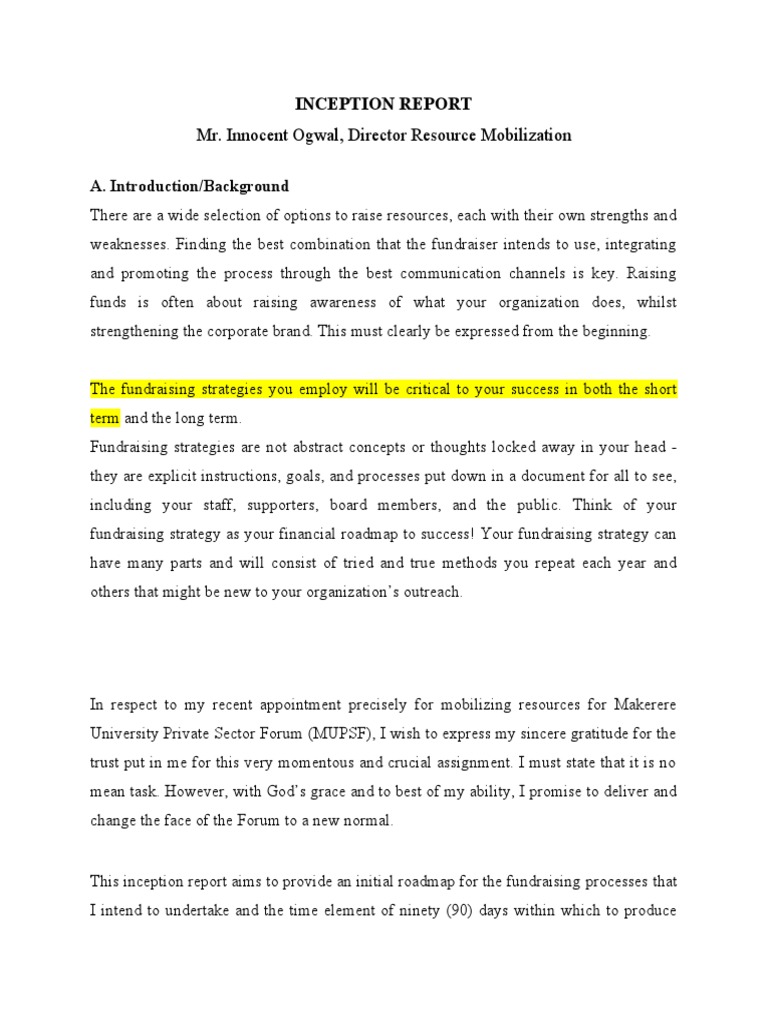 Mr. Innocent Ogwal, Director Resource Mobilization: Inception Report ...