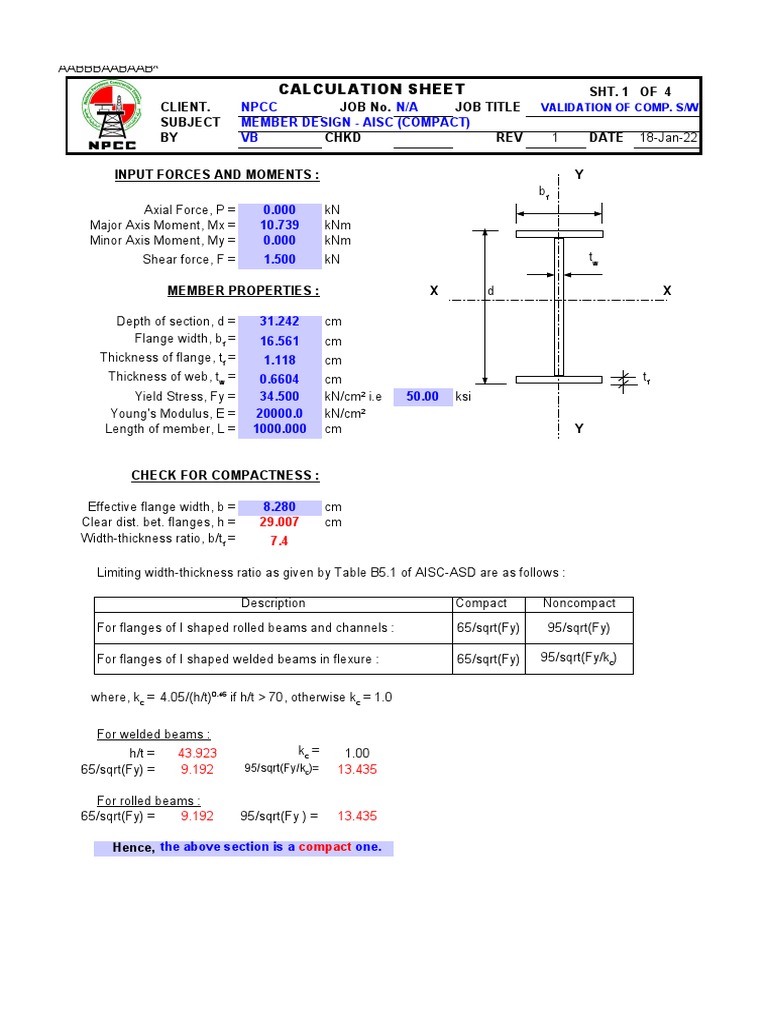 Calculation Sheet: NPCC N/A Member Design - Aisc (Compact) VB | PDF ...