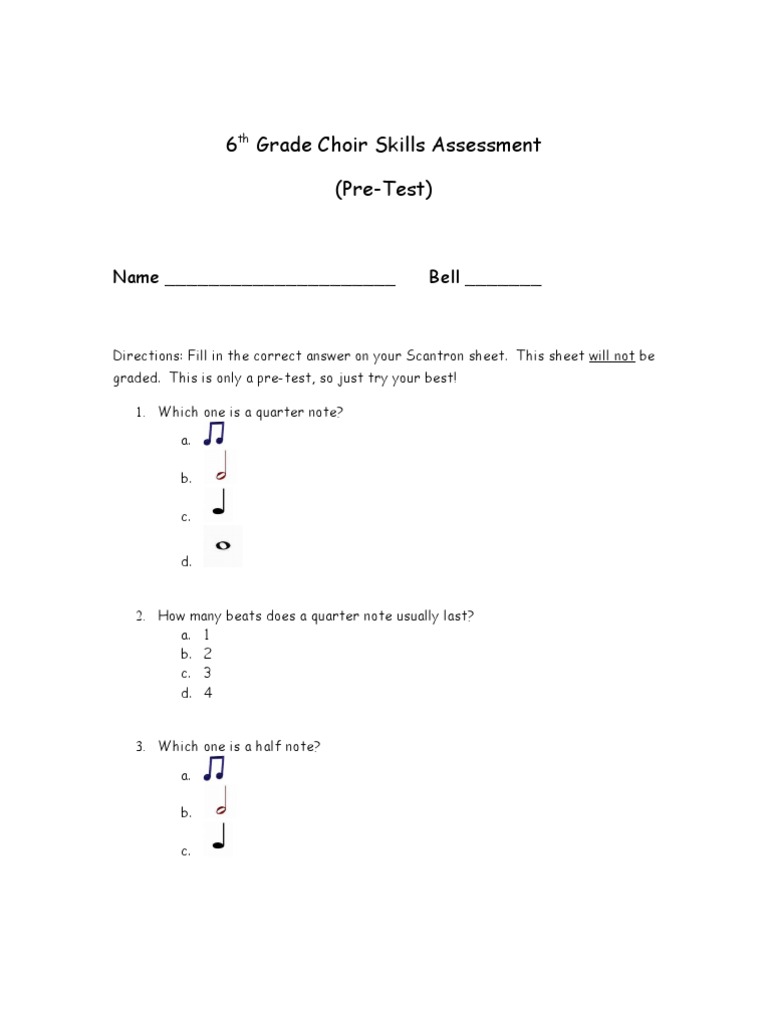 6 Grade Choir Skills Assessment (Pre-Test) : Name - Bell | PDF | Clef ...