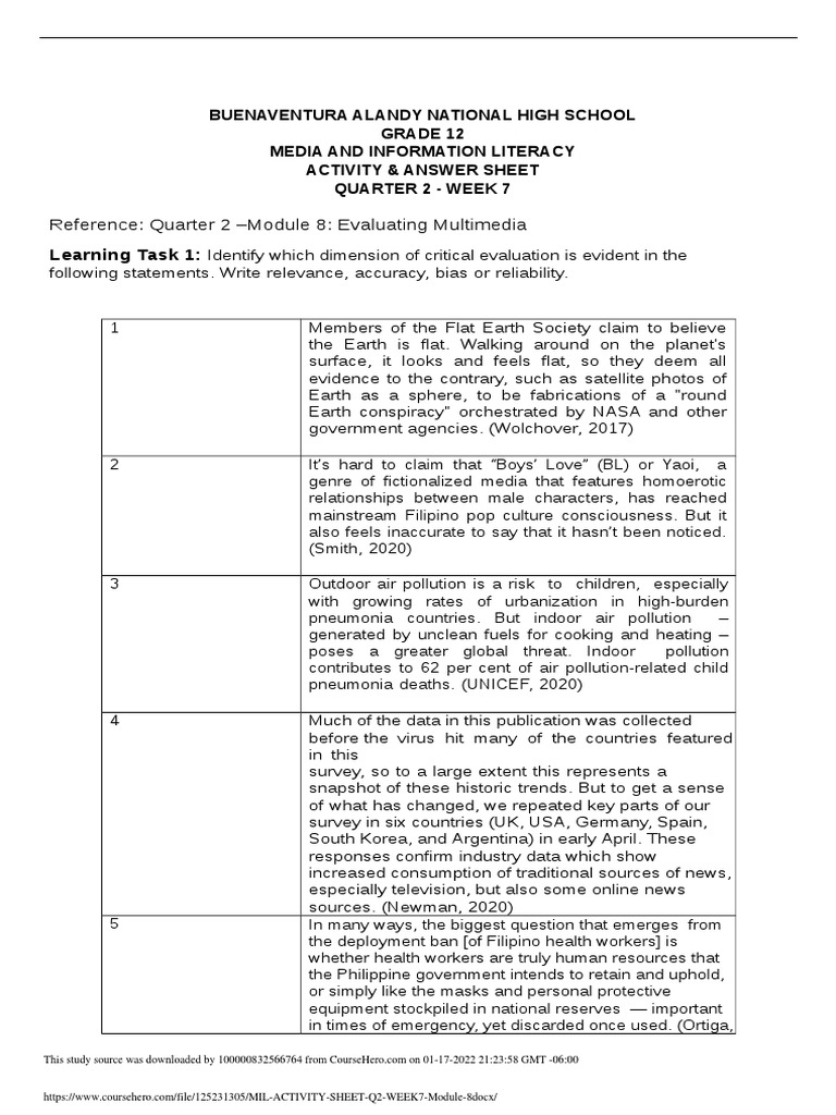 Mil Activity Sheet q2 Week7 Module 8 | PDF | News | Communication