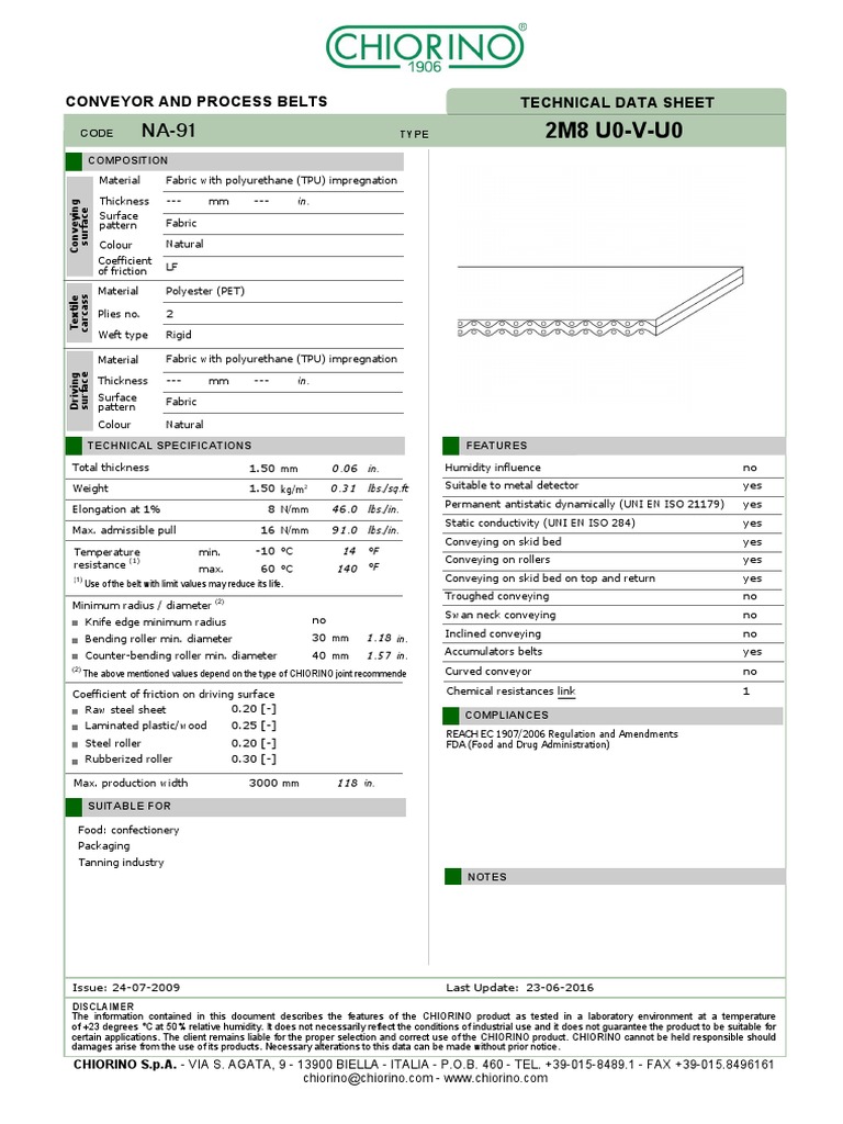 2M8 U0-V-U0: Technical Data Sheet Conveyor and Process Belts | PDF ...