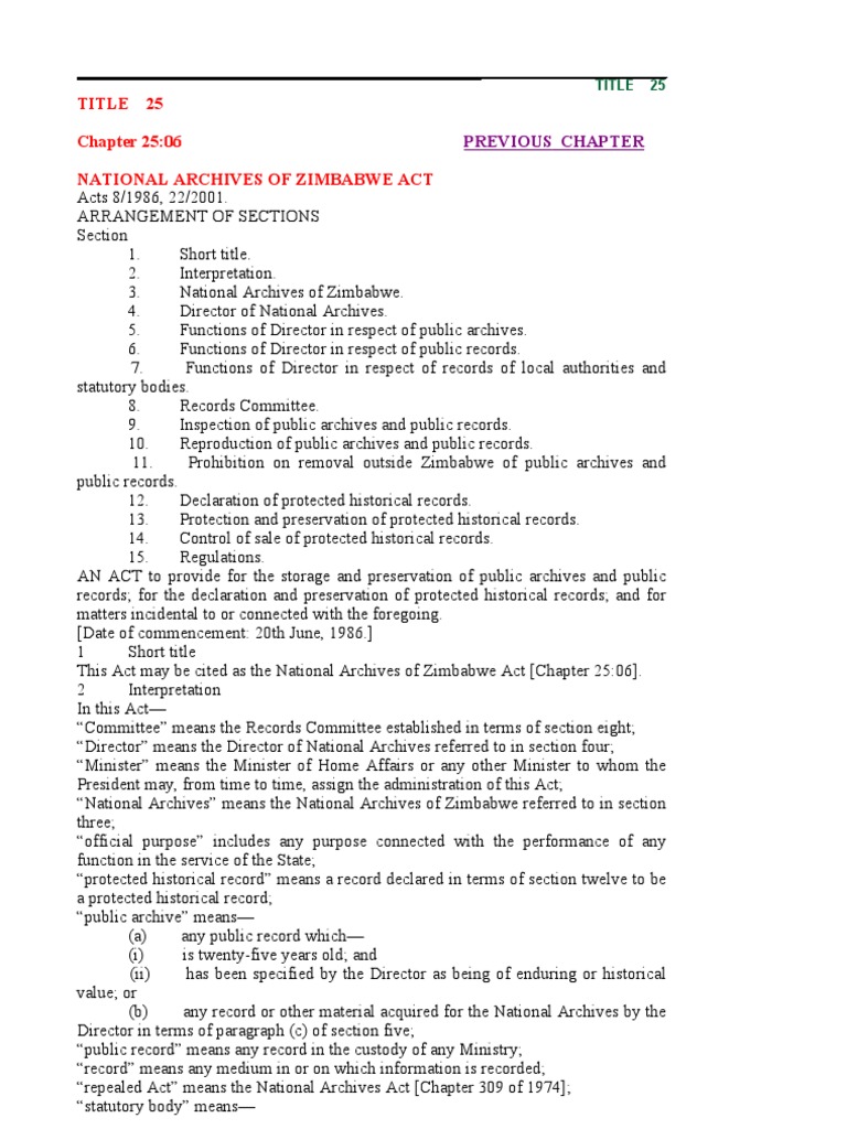 National Archives of Zimbabwe Act 25 06 | PDF | National Archives ...