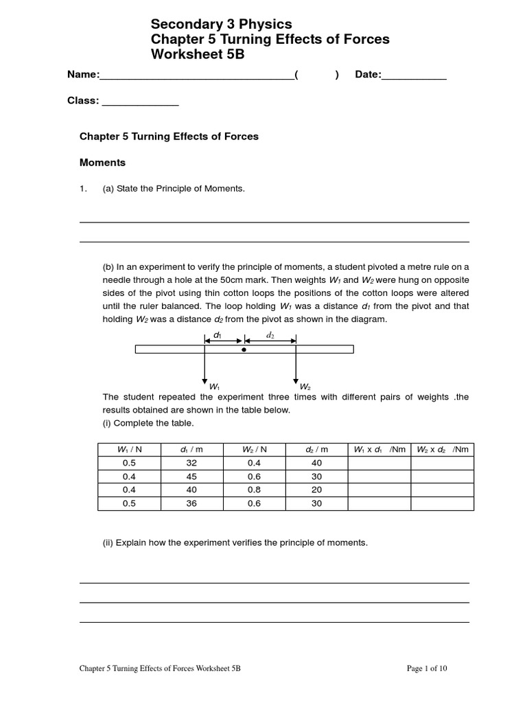 Secondary 3 Physics Chapter 5 Turning Effects of Forces Worksheet 5B ...