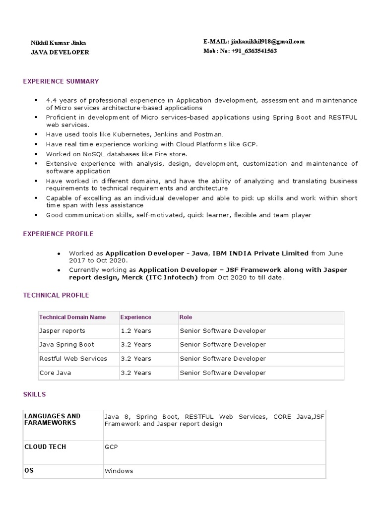 Experience Summary: Nikhil Kumar Jinka Java Developer Mob: No: +91 - 6363541563 | PDF | Java ...