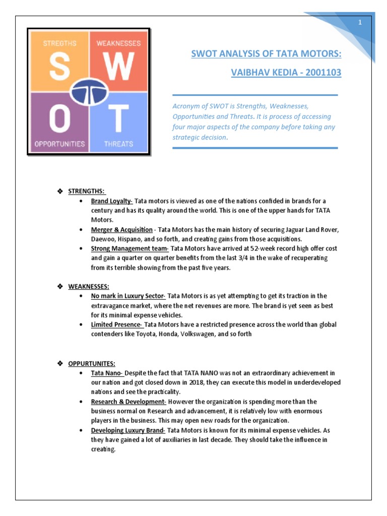 Tata Motors SWOT Analysis Overview | PDF | Economies | Motor Vehicle