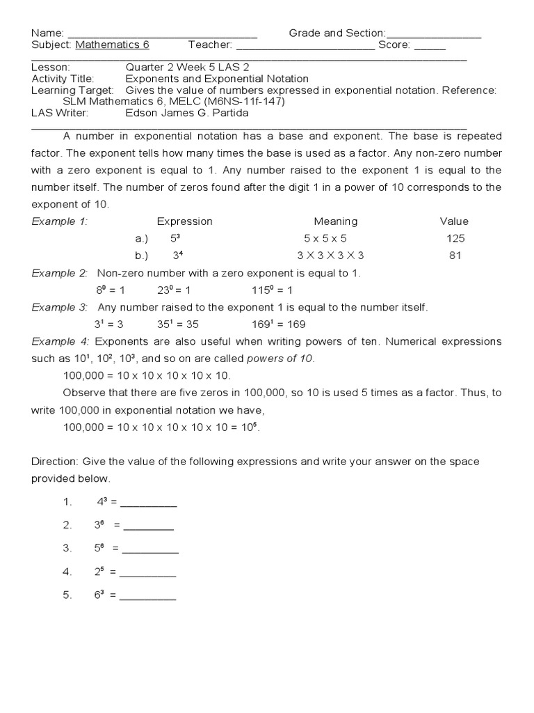Exponents and Exponential Notation Guide | PDF | Teaching Methods ...