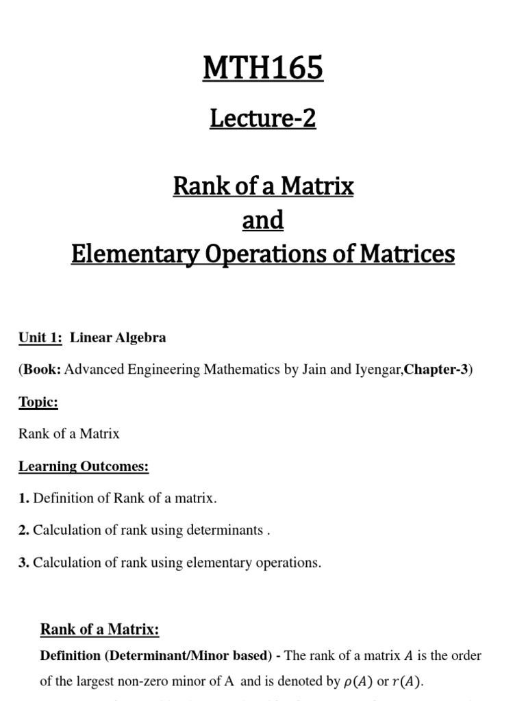 Lecture-2 Rank of A Matrix and Elementary Operations of Matrices | PDF
