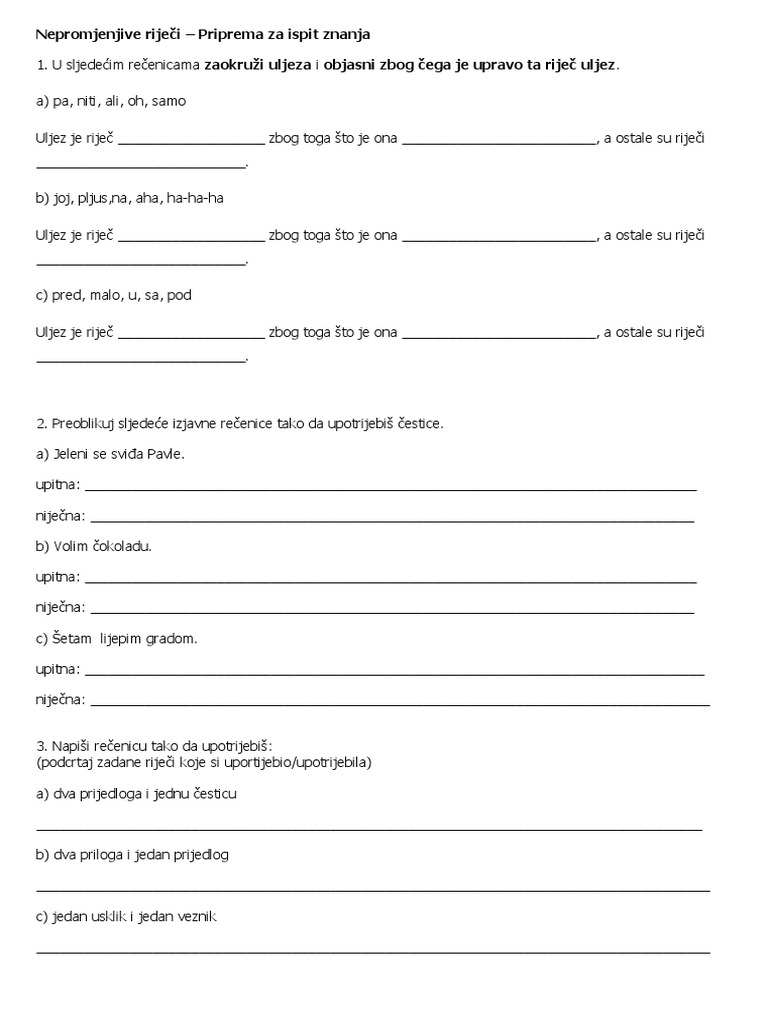 Nepromjenjive Rijeci - Priprema Za Ispit Znanja | PDF