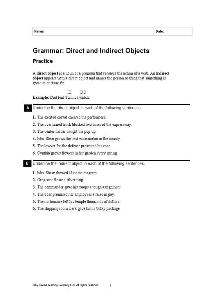 Grammar: Direct and Indirect Objects: Practice | PDF | Linguistics ...