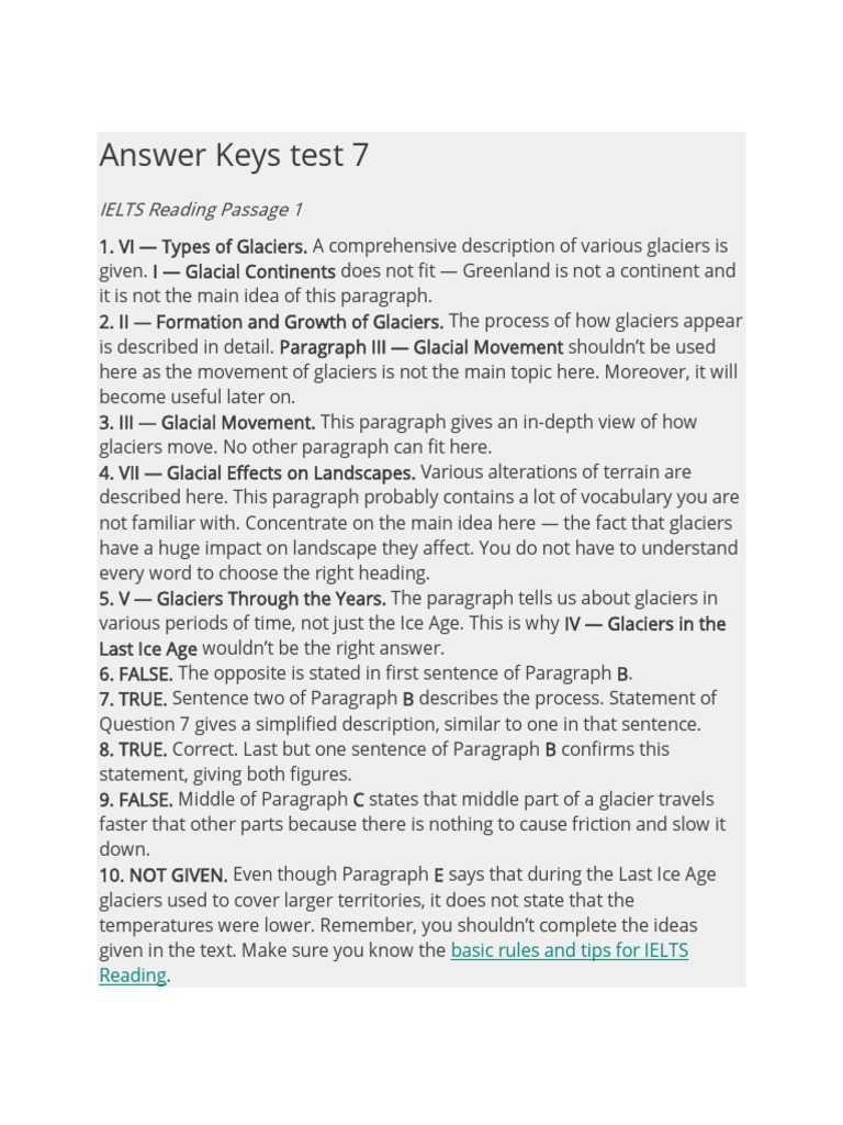 Answer Keys Test 7: IELTS Reading Passage 1 | PDF | Glacier | Anesthesia