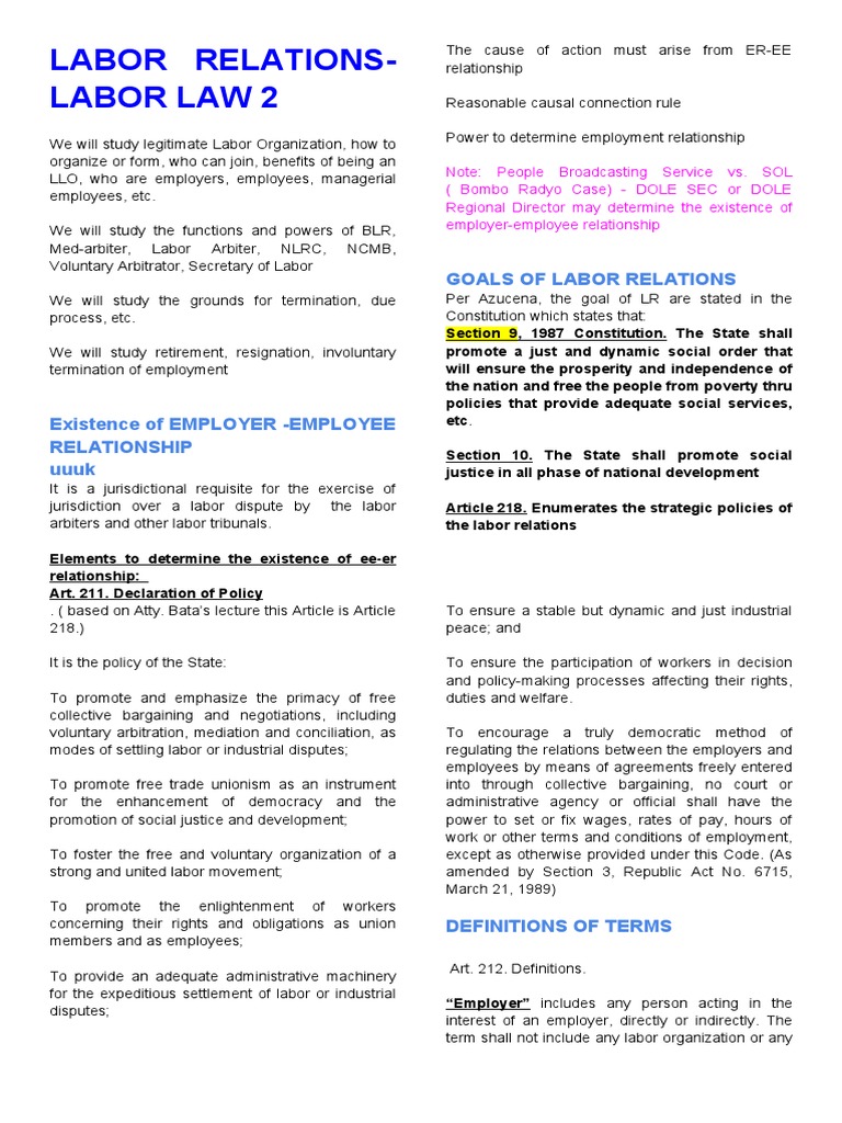 Labor-Relations-Labor-Law-2-1-1 Bata Prelims Notes | PDF | Employment ...