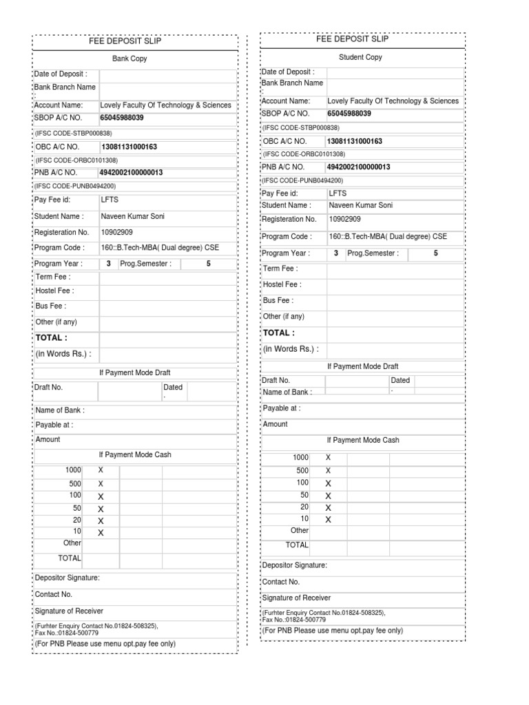 Fee Deposit Slip for Students | PDF | Deposit Account | Payments