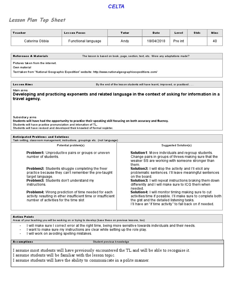 CELTA Lesson Plan Top Sheet ANALISI | PDF | Lesson Plan | Cognition