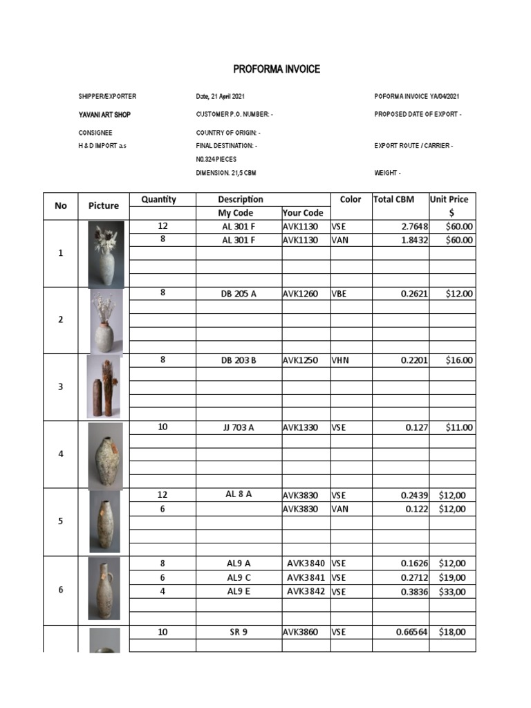 Vases Proforma Invoice New 2021 | PDF | Trade | Service Industries
