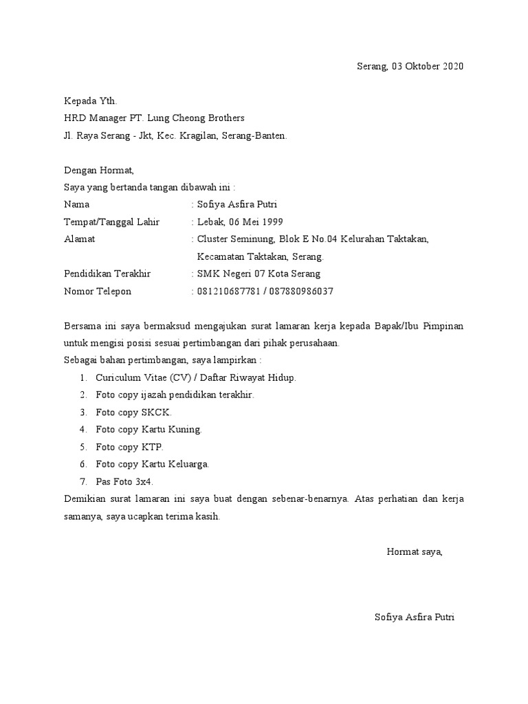 Lamaran Kerja Sofiya Asfira Putri | PDF