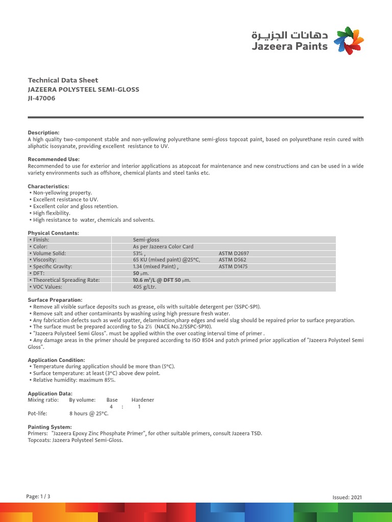 Jazeera Polysteel Semi-Gloss | PDF | Paint | Chemistry