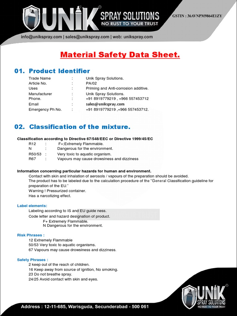 Unik Spray Solutions MSDS | PDF | Toxicity | Dangerous Goods