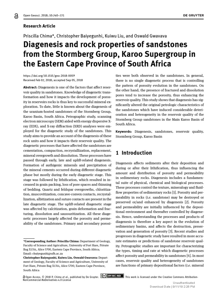 Diagenesis and Rock Properties of Sandstones From The Stormberg Group ...