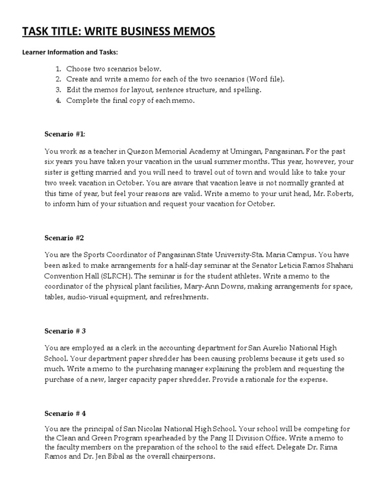 Task Title: Write Business Memos: Learner Information and Tasks | PDF ...