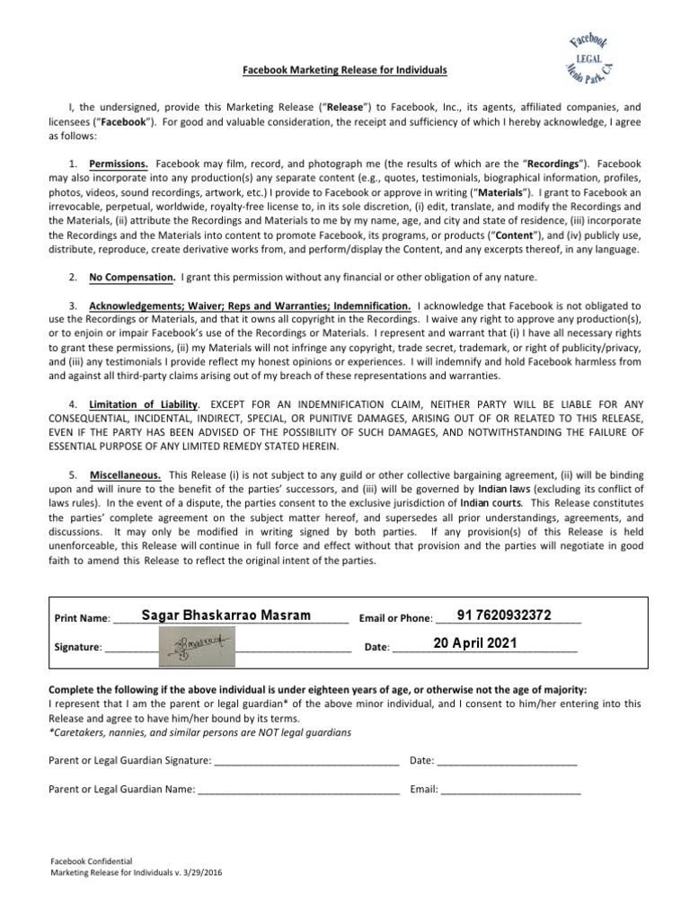 Facebook Marketing Release Form | Download Free PDF | Indemnity | Business Law