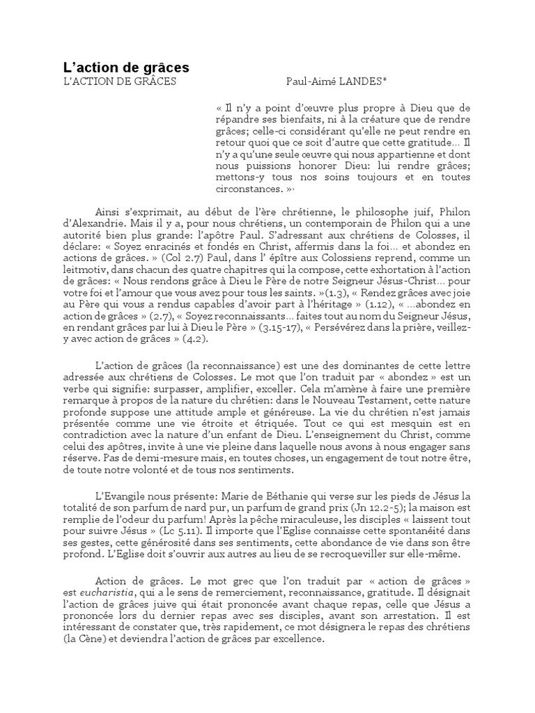 Etudes Sur Laction de Grâce Pasteur Paul Aimé Landes | PDF | Jésus | Dieu
