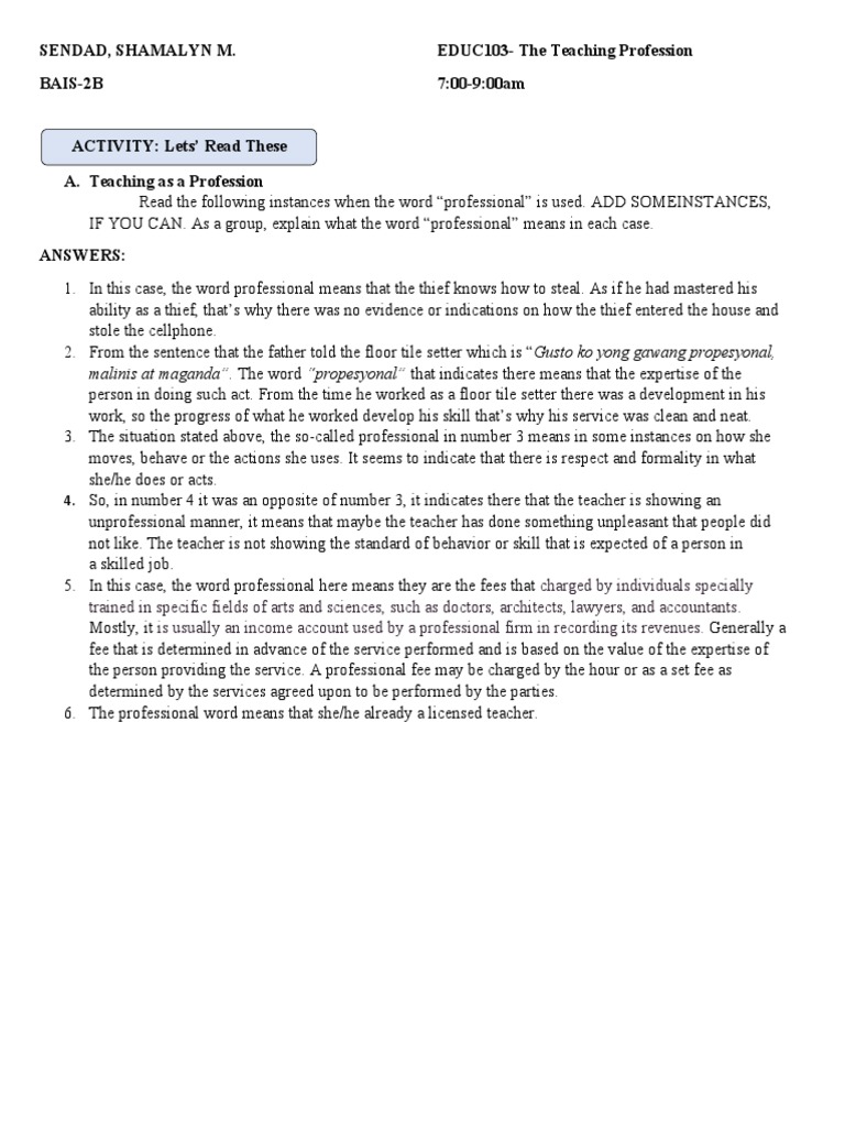 Activity 1 - The Teaching Profession | PDF | Teachers | Profession