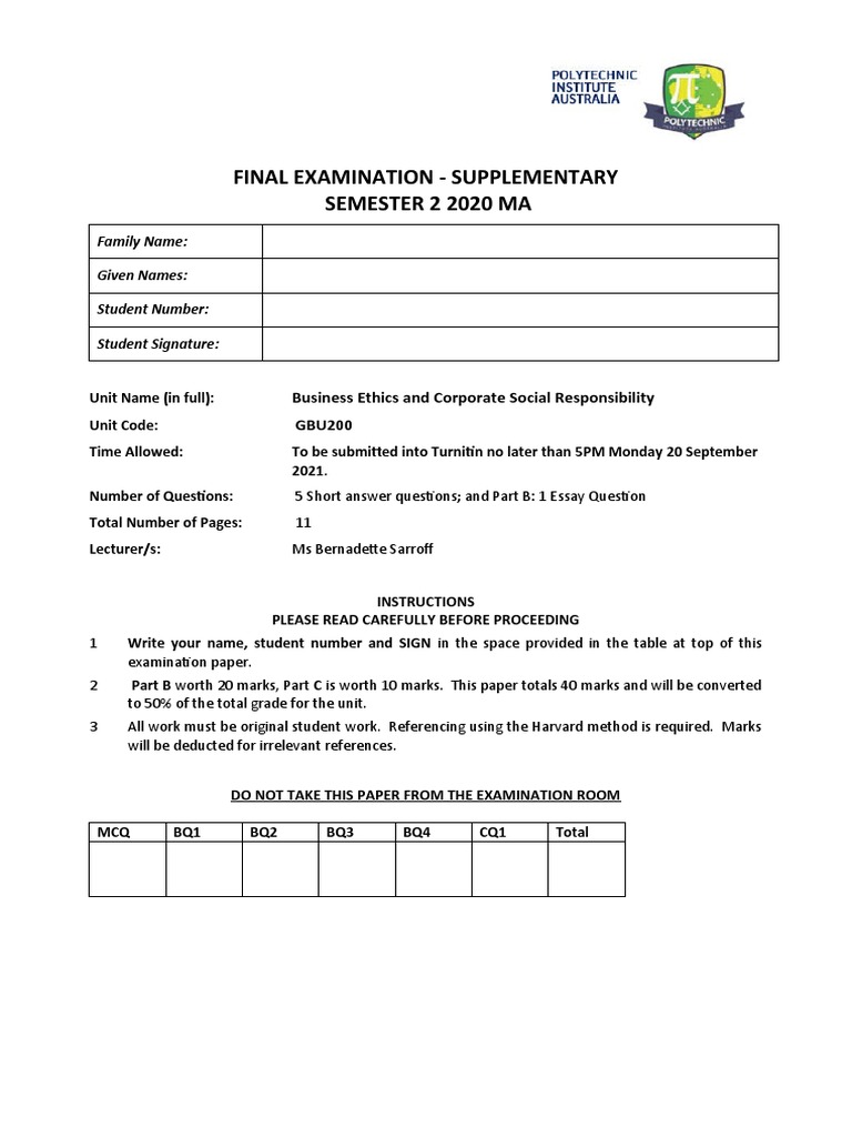 GBU200 Supplementary MA T2 2020 | PDF | Corporate Social Responsibility ...