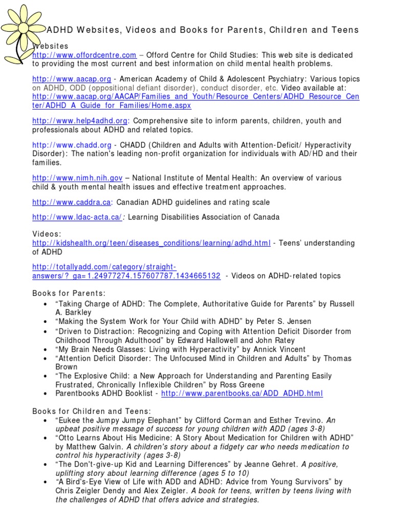 ADHD Websites, Videos and Books For Parents, Children and Teens | PDF ...