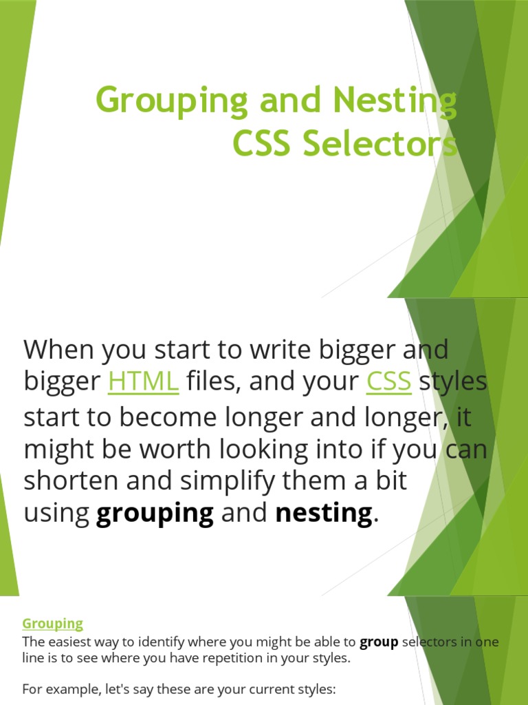 Grouping and Nesting CSS Selectors | PDF | Html Element | Computing Grouping and Nesting CSS Selectors | PDF | Html Element | Computing