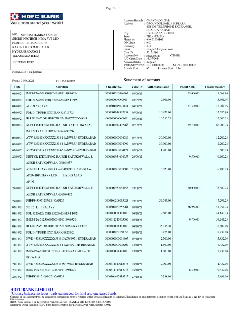 HDFC Bank Statement Overview | PDF | Money | Banking