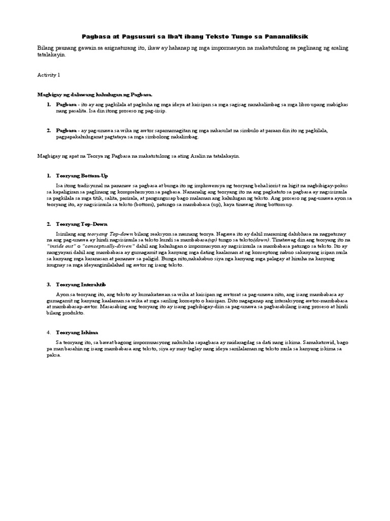 Pagbabasa Activity | PDF