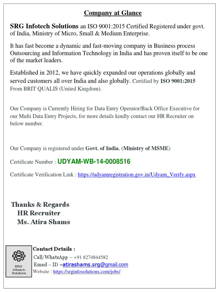 SRG Infotech Solutions Company Profile and Job Openings | PDF ...