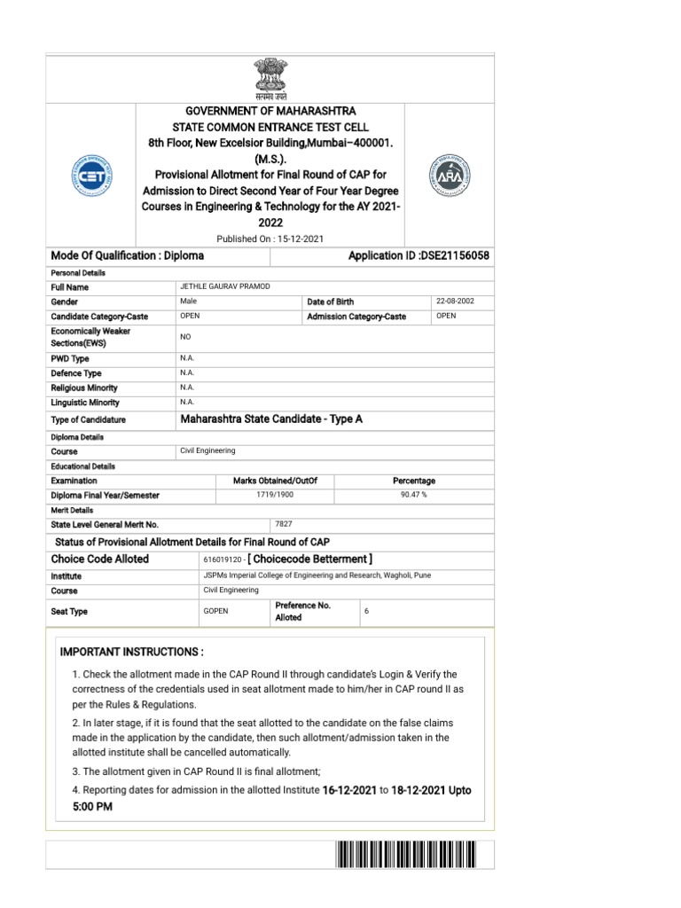 CAP Final Allotment for Engineering 2021 | PDF | Educational Stages ...
