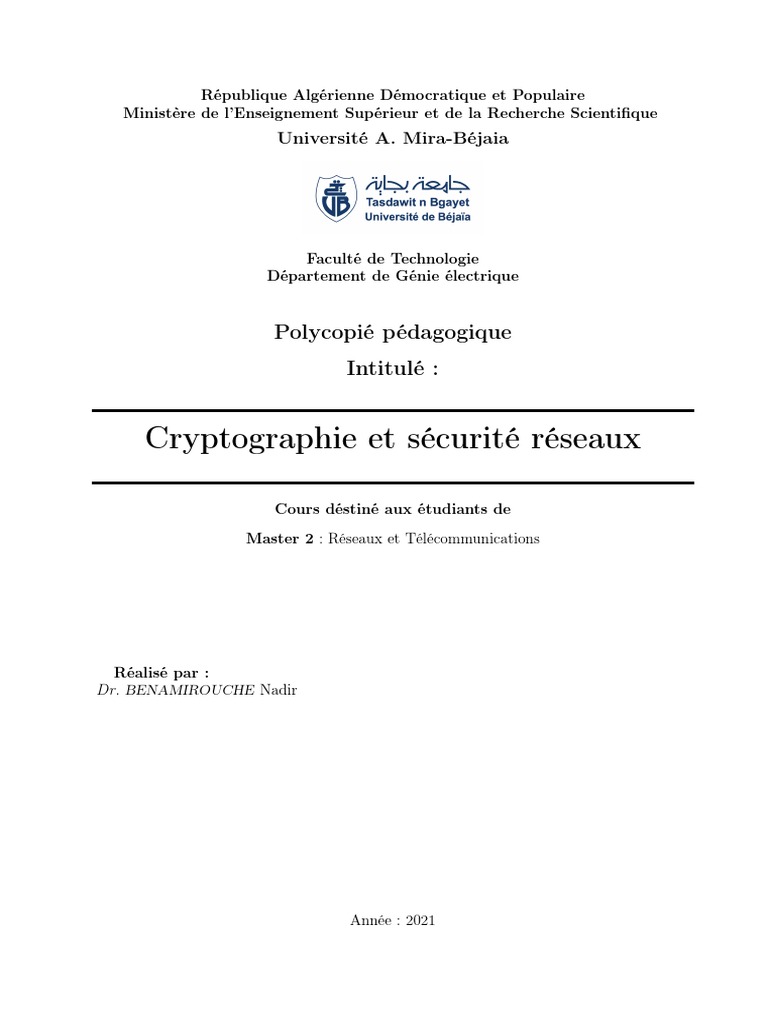 Polycopié de Cours Cryptographie Et Sécurité Réseaux | PDF | Cryptographie | Cryptanalyse